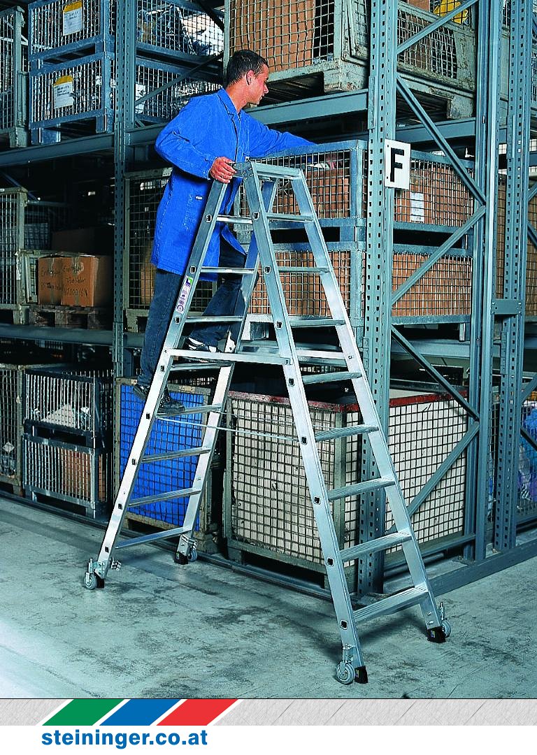 Stehleiter Alu, beidseitig begehbar, mit Rollen | Leitern Steininger